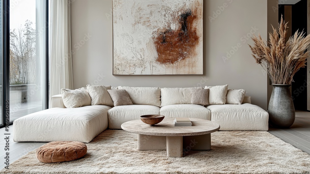 A modern and minimalist living room interior, off-white modular sofa ...