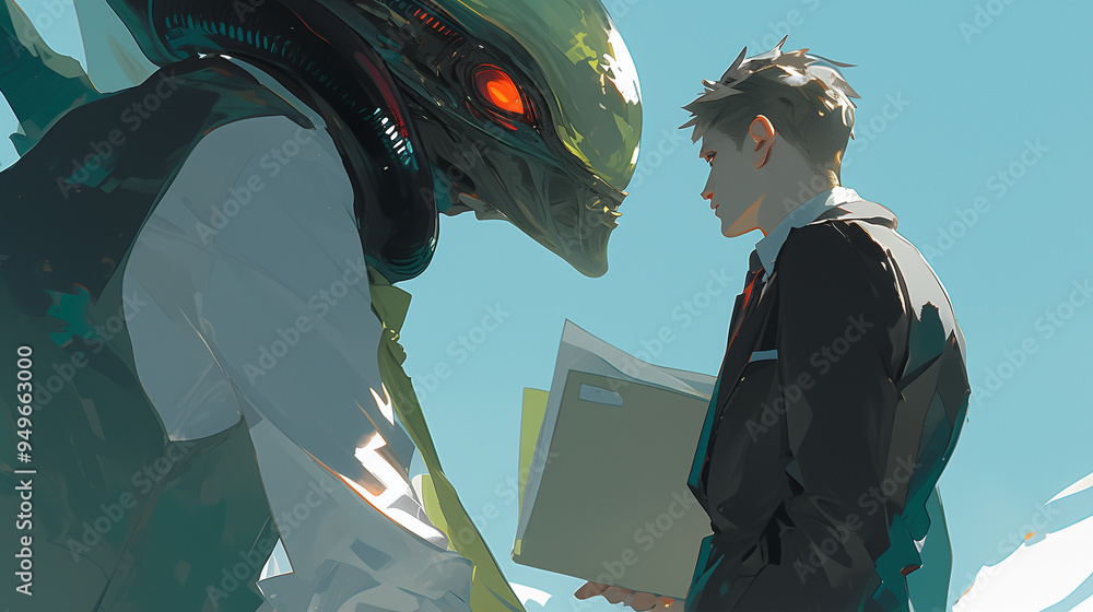 A modern office scene showing an alien and a businessman. The alien, in ...