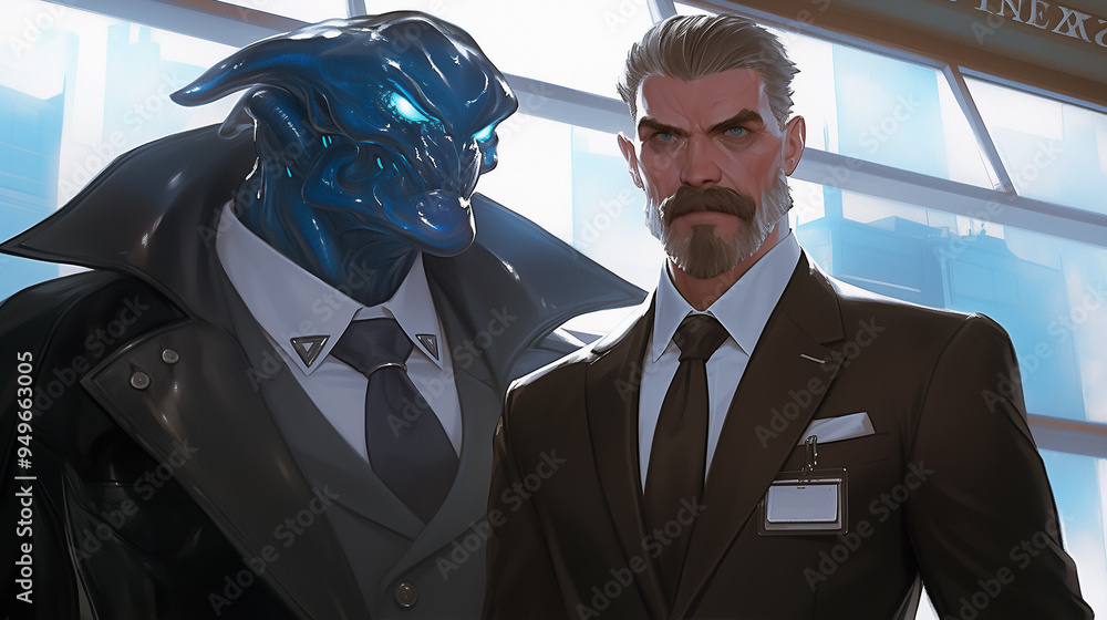 An illustration featuring an alien and a businessman in a modern office ...