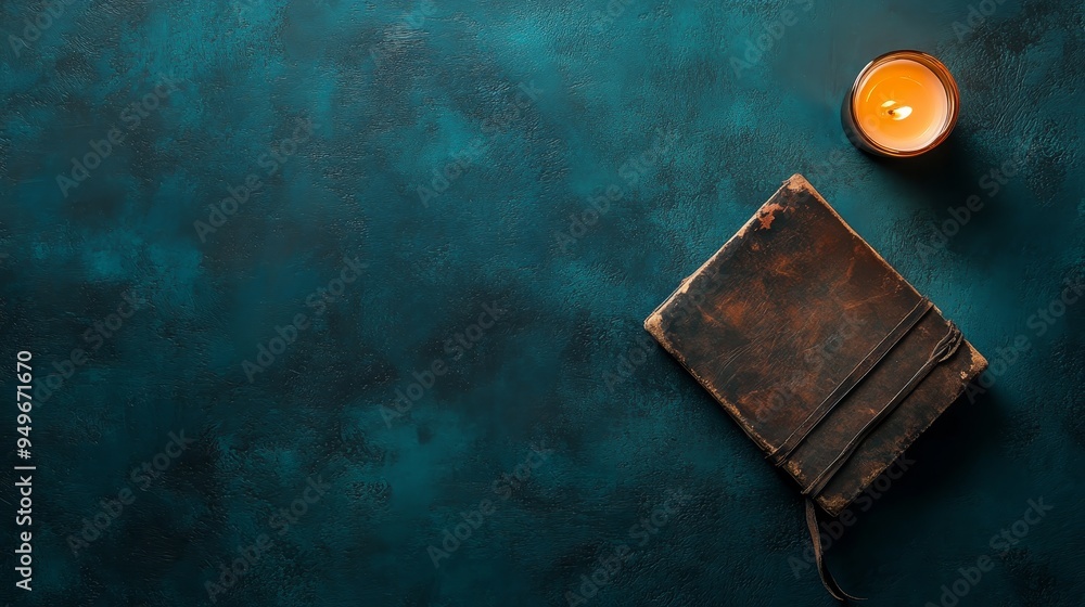 A worn leather journal rests on a deep blue background, accompanied by ...