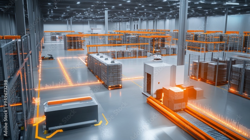An automated warehouse showcasing advanced robotics and connected ...