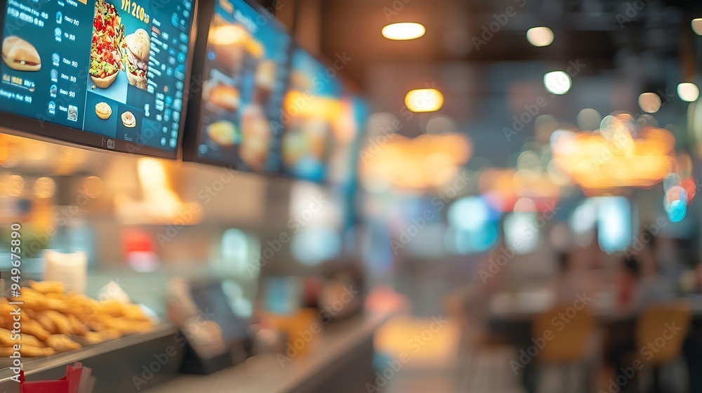 Abstract blurred of fast food cashier interior in a famous food court ...
