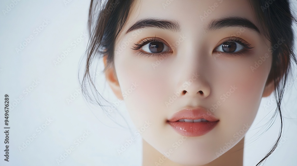 Beautiful young Asian woman with K beauty style makeup and perfect skin ...
