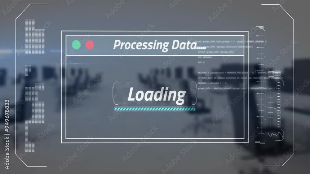Processing data and loading animation over blurred office background ...