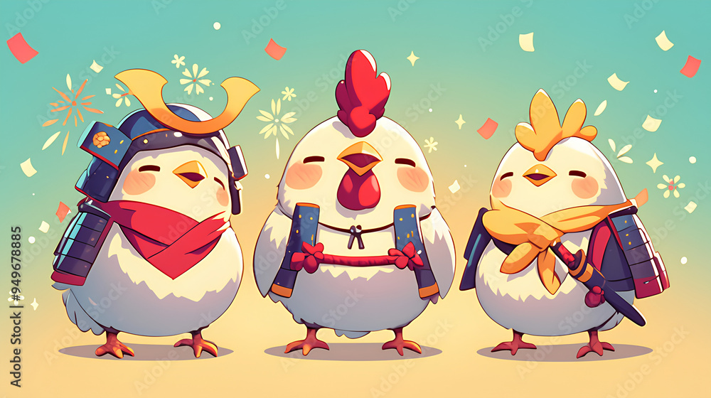 Cute chicken wearing Japanese samurai armor, cool poses, cute kawaii ...