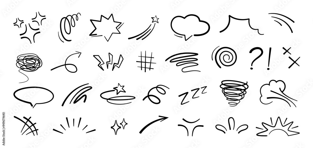 Handdrawn anime manga doodle line elements set. Collection of graphic ...