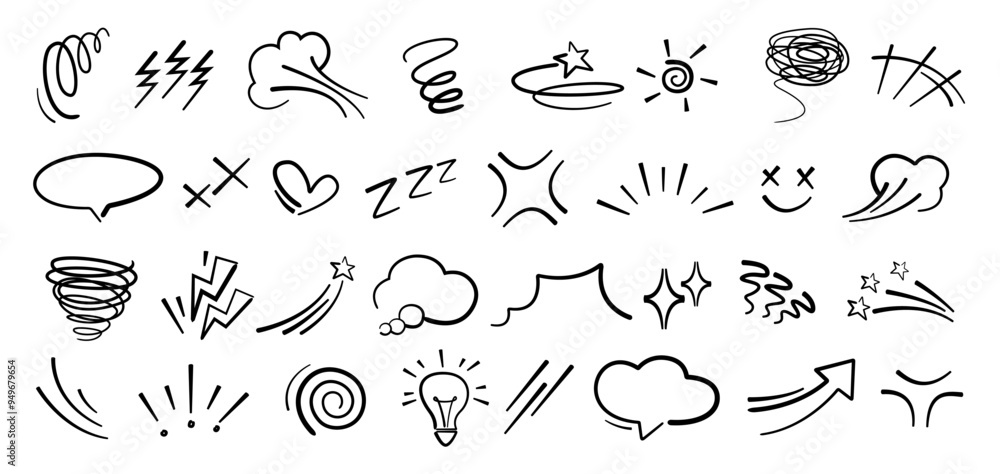 Handdrawn anime manga doodle line elements set. Collection of graphic ...