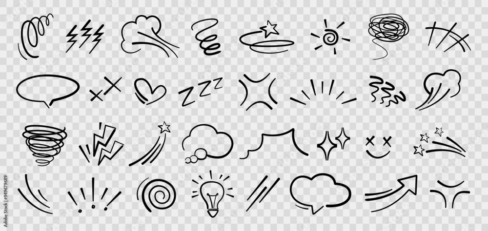 Handdrawn anime manga doodle line elements set. Collection of graphic ...