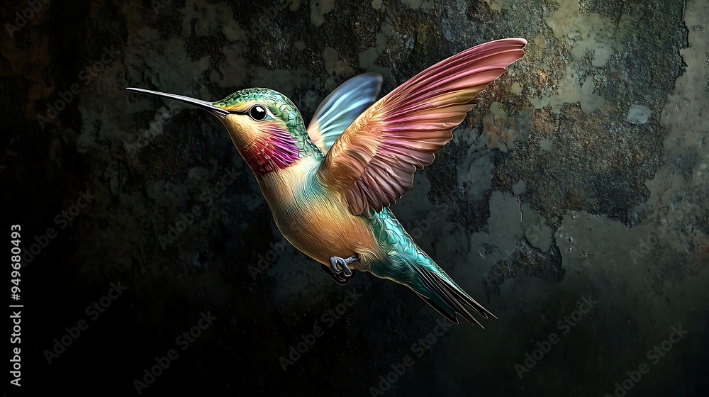 Colorful 3D hummingbird in flight, with a dark, textured background ...