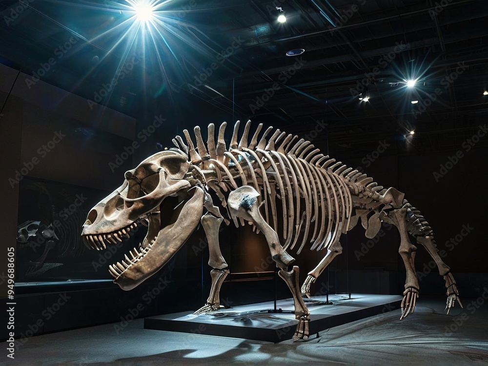 A Complete Dinosaur Skeleton With A Large Skull And Sharp Teeth Is