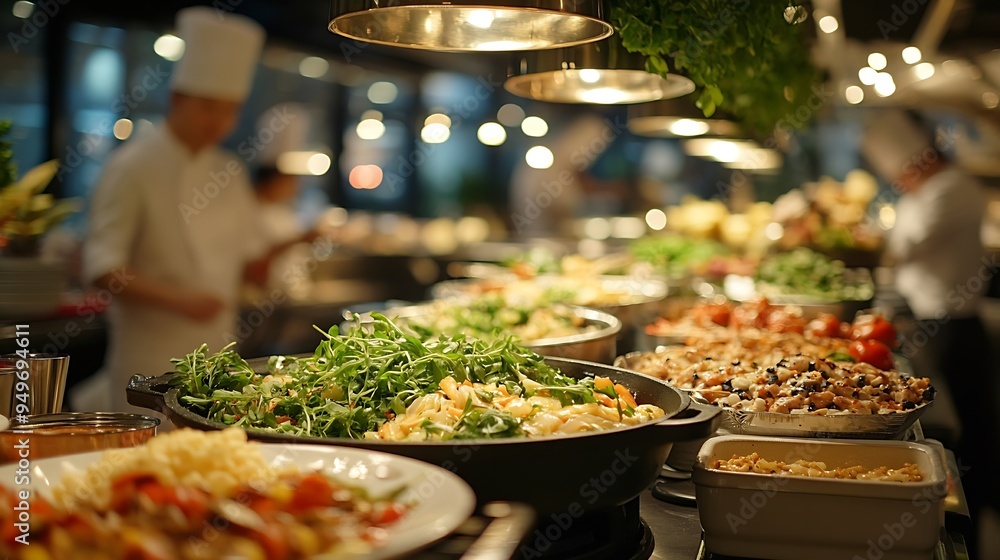 Buffet at hotel restaurant interior blur background with blurry open ...