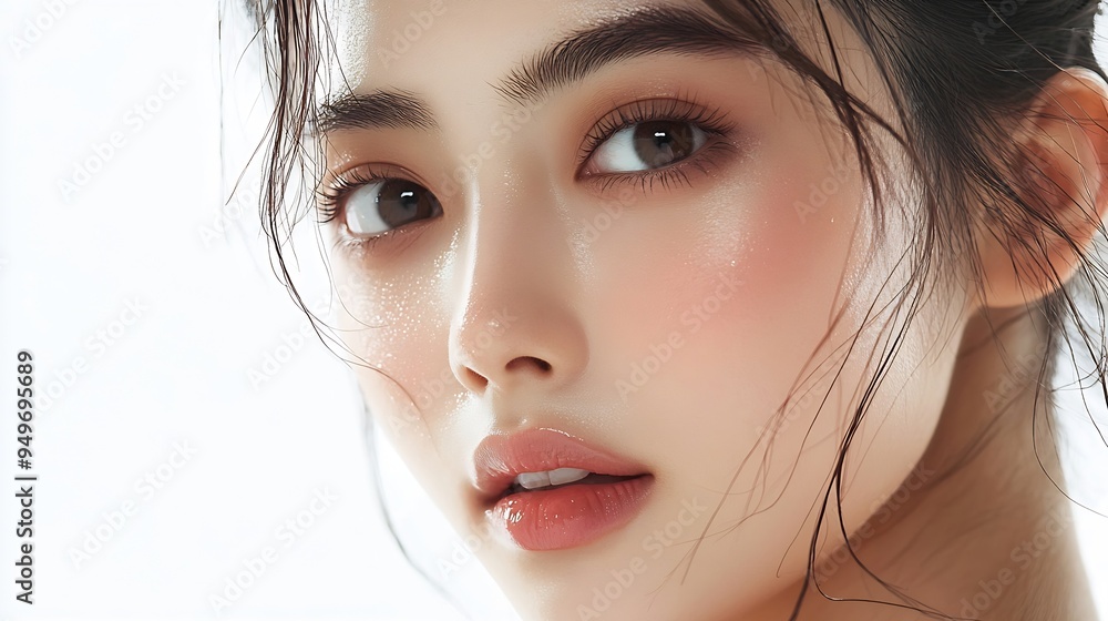 Beautiful young Asian woman with K beauty style makeup and perfect skin ...