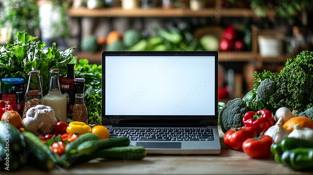 Laptop computer with mockup white screen on vegetarian healthy food ...
