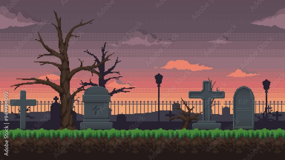 Animated background of the cemetery in pixel art style. Landscape ...