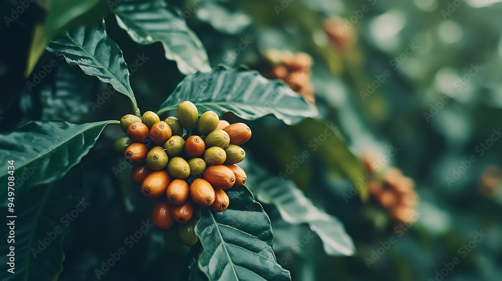 Coffee plants to mature coffee beans ripen on a bush on a coffee ...