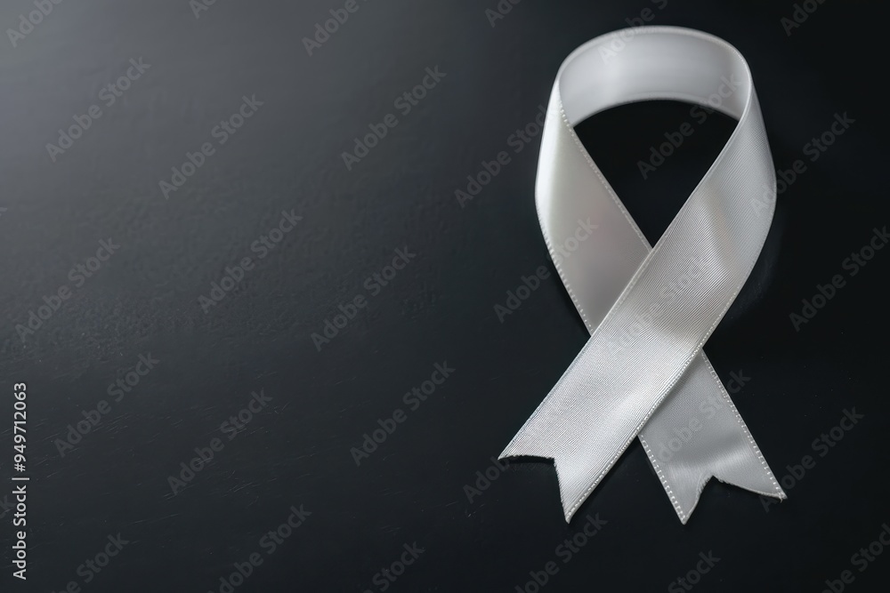 Satin grey silver cancer ribbon on black backdrop, symbolizing support ...