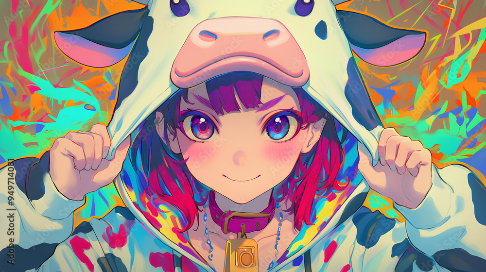 cute cow character wearing anime onesie costume, anime style, cute ...