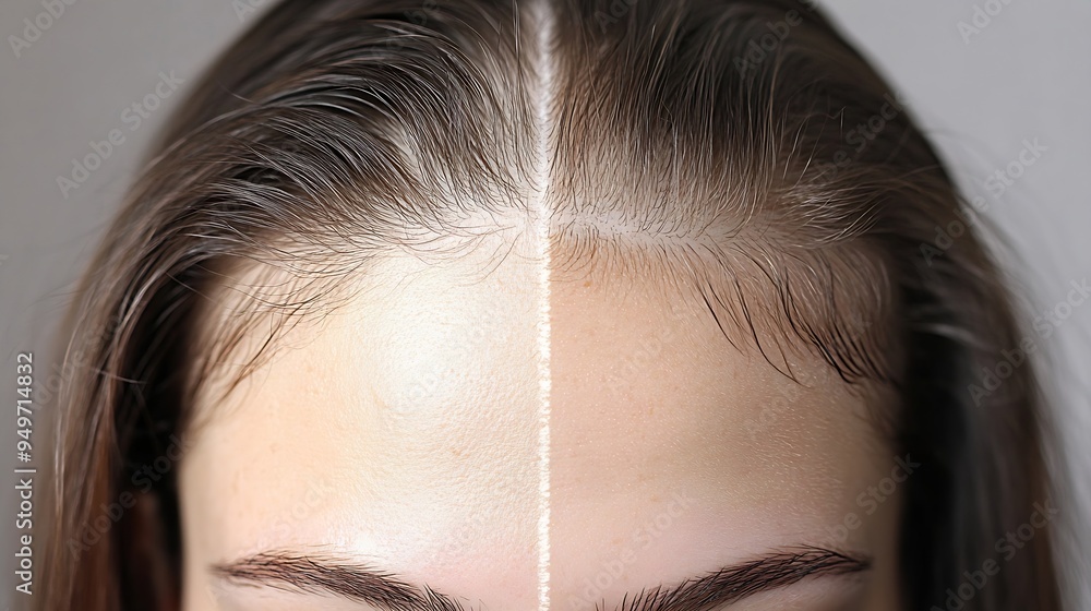 Before and after head shot of a young woman with a receding hairline on ...