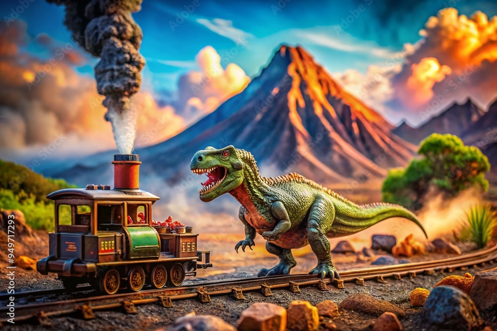 miniature train set t rex volcanic landscape fiery apocalyptic steam ...