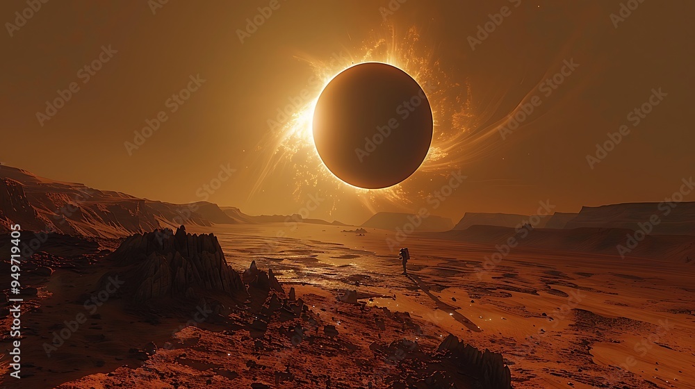 An astronaut on Mars, standing in the shadow of a solar eclipse, with ...