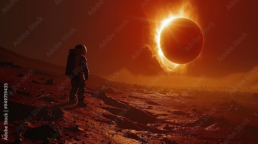 An astronaut on Mars, standing in the shadow of a solar eclipse, with ...