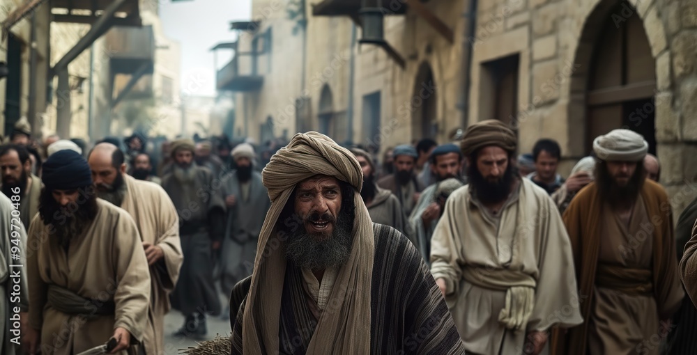 Jewish men walk in street, traditional clothing, beards, hats. Faithful ...