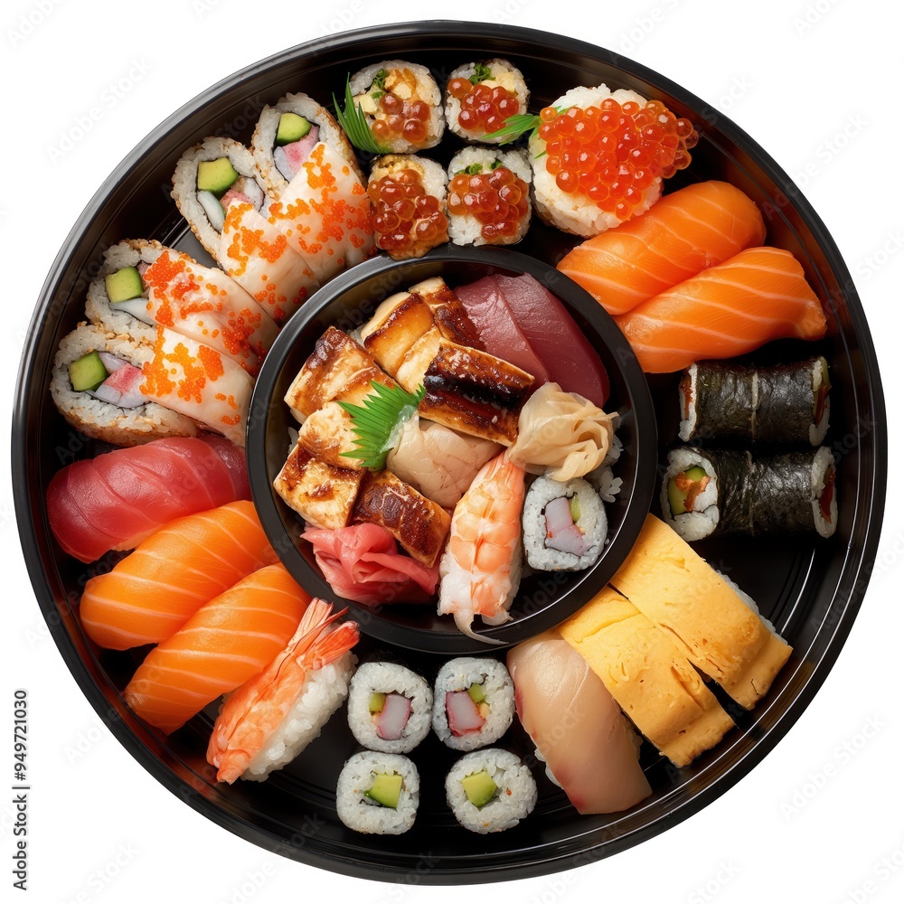 Round sushi box on white background, containing various fresh sushi ...
