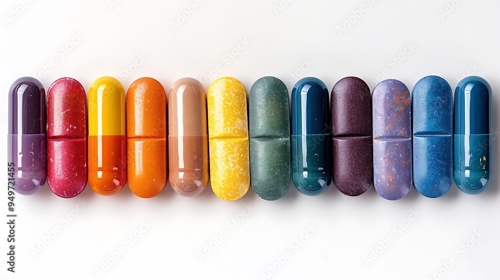 Colorful pills arranged in a gradient from light to dark shades, smooth ...
