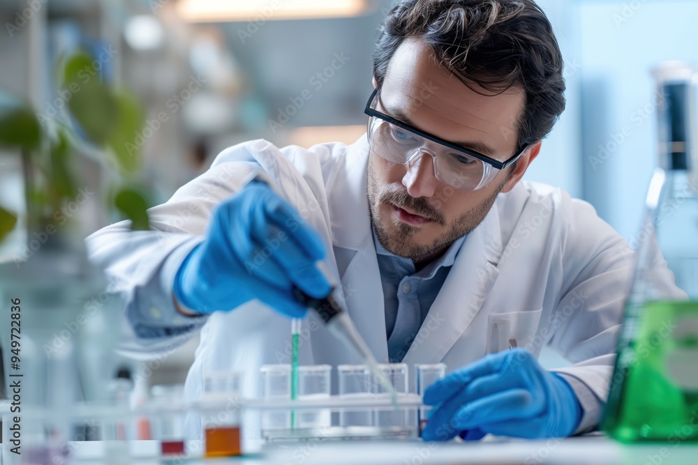 Scientist in lab coat works with beaker, pipette, microscope ...