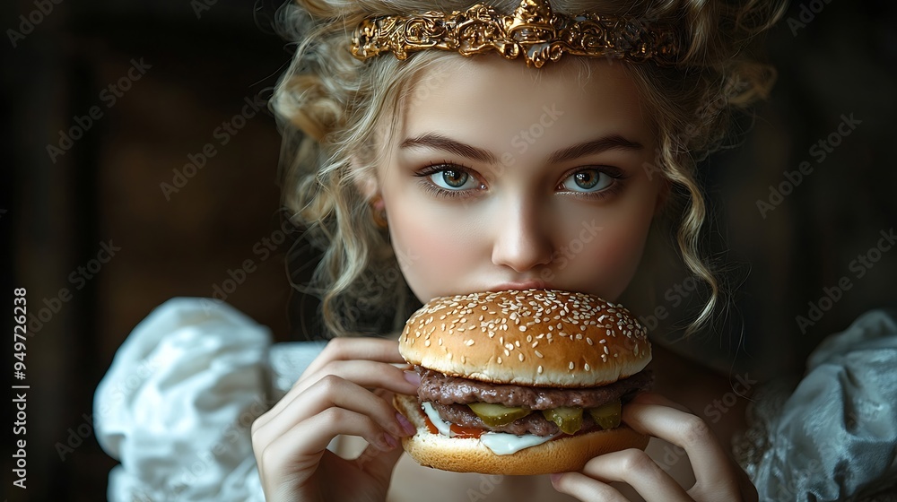 Fast food or dieting Young funny girl like queen or princess in white ...