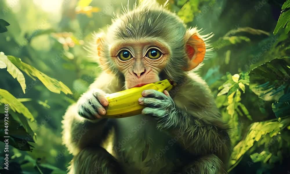 Cute baby monkey eating banana in jungle with ai generated. Stock Video ...