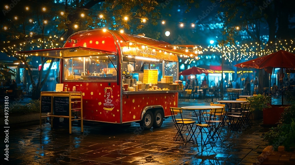 Empty small Street Food Track with an illuminations standing in the ...