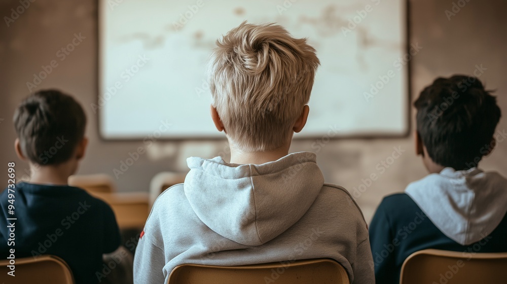 Students Focused: Three young students sit attentively in a classroom ...