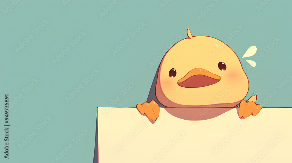 cute duck holding up a blank sign, colorful cartoon character, empty ...