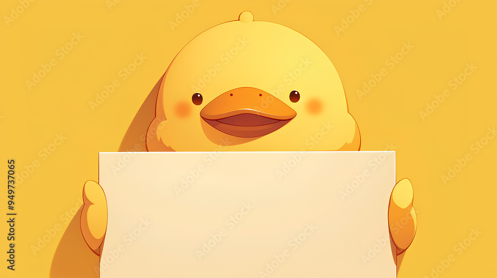 cute duck holding up a blank sign, colorful cartoon character, empty ...