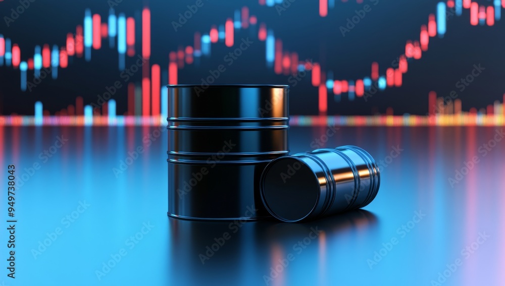 oil barrels on stock market background with graph and light blue color ...
