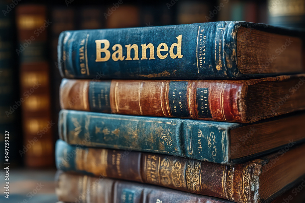 Photo & Art Print A stack of books with Banned stamped on the covers ...