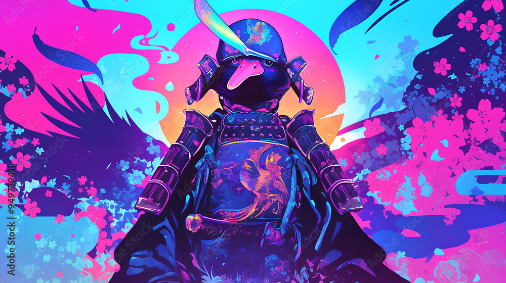 Cute duck wearing Japanese samurai armor, cool poses, cute kawaii ...