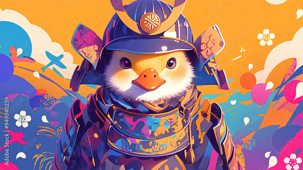 Cute duck wearing Japanese samurai armor, cool poses, cute kawaii ...