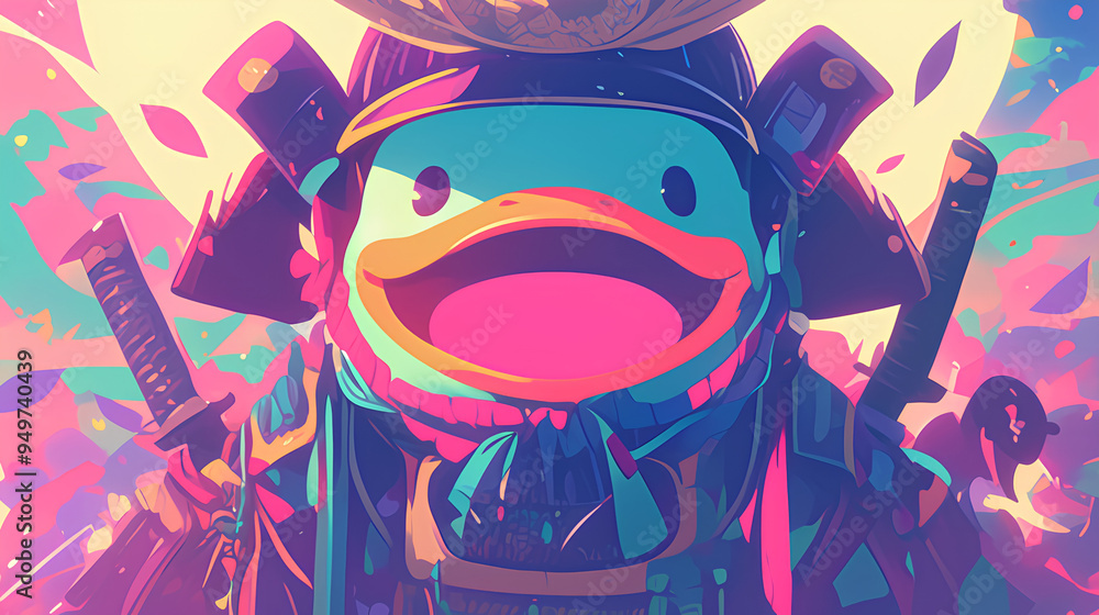 Cute duck wearing Japanese samurai armor, cool poses, cute kawaii ...
