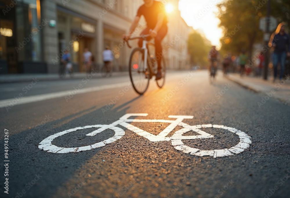A close-up of a bright white bicycle symbol on a smooth bike path ...