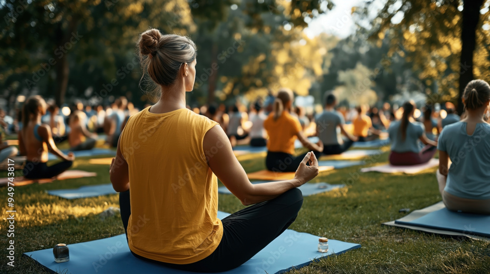 Large group of people participating in an outdoor yoga class. Everyone ...