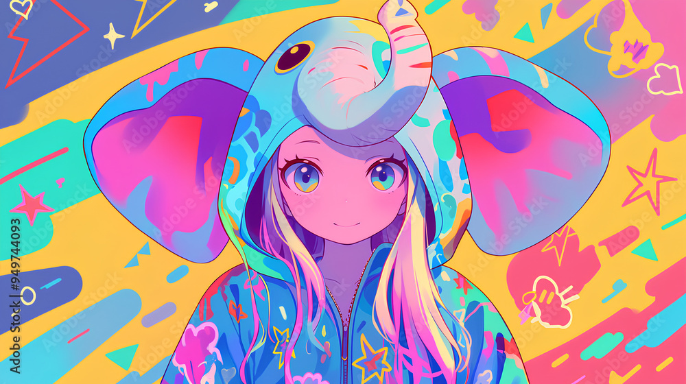 cute elephant character wearing anime onesie costume, anime style, cute ...