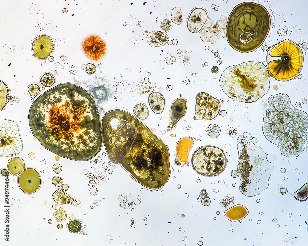 Microscopic view of various diatoms and algae under a microscope. Stock ...