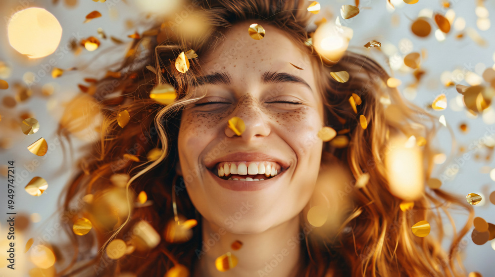 Young woman with freckles laughing with her eyes closed as golden ...