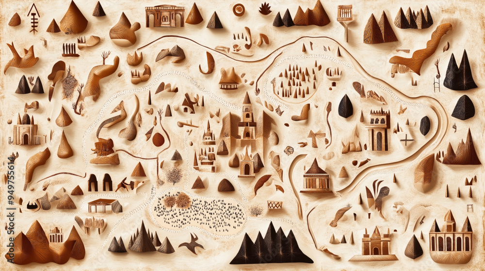 Illustrated fantasy map featuring mountains, castles, forests, rivers ...