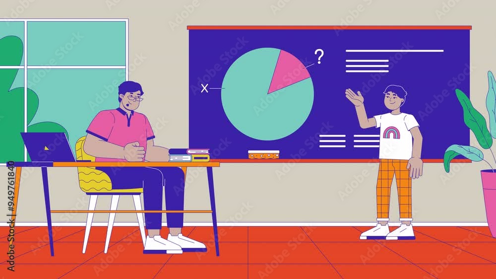 Teacher and student at math lesson cartoon animation. School education ...