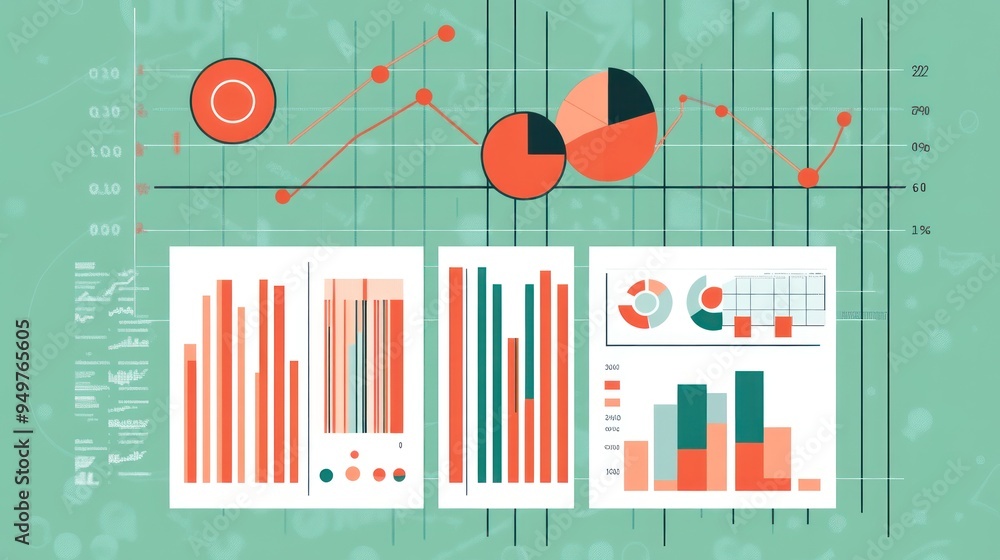 The image shows a collection of colorful data visualization graphics, including pie charts, bar ...