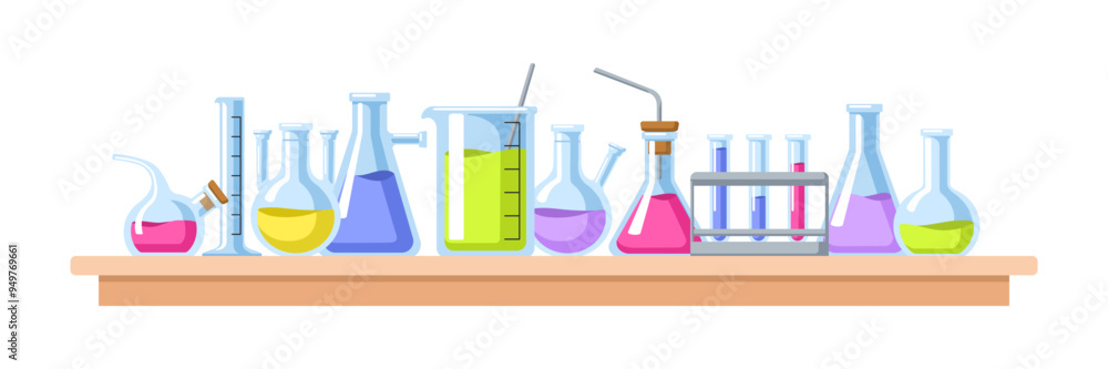Laboratory glassware. Glass flasks, test tubes, lab beakers with acid ...