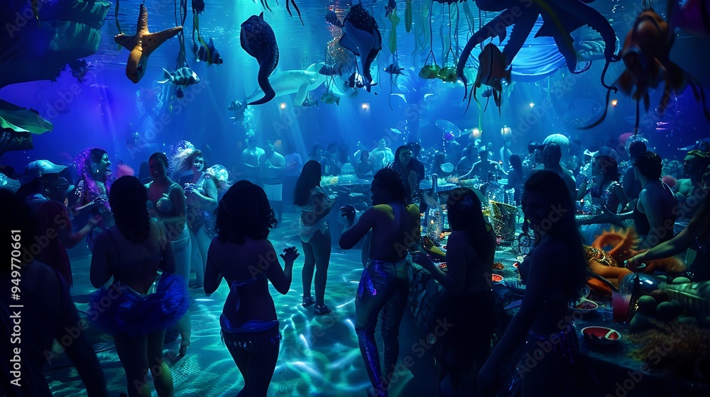 Underwater-themed party with sea creatures, blue lighting, and guests ...